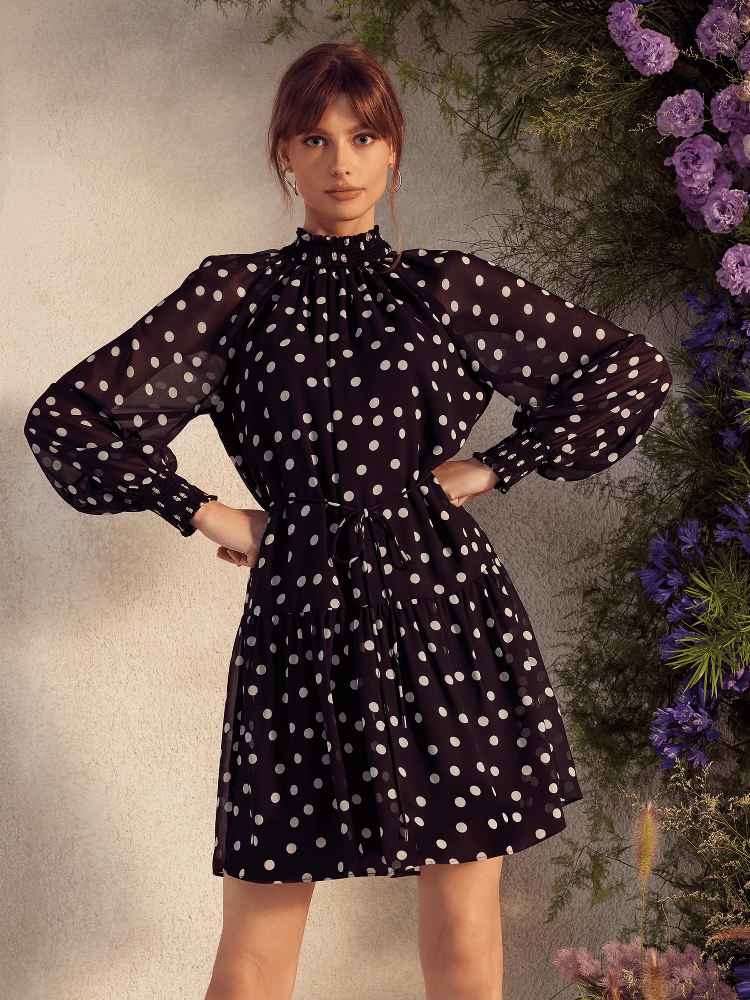 Larissa Shirred Neck Short Dress Black White Spot - Portmans Online